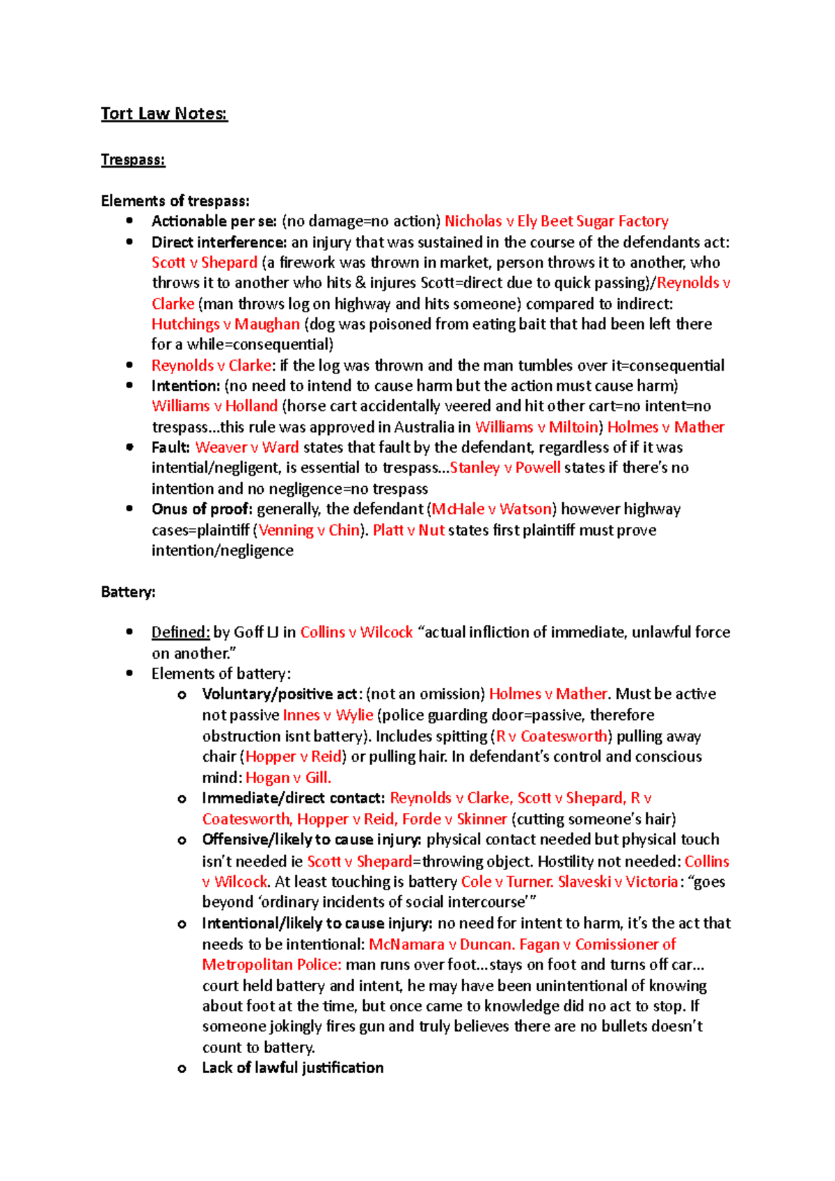 Tort Law Summary Notes - LAWS1003 - Curtin - Studocu