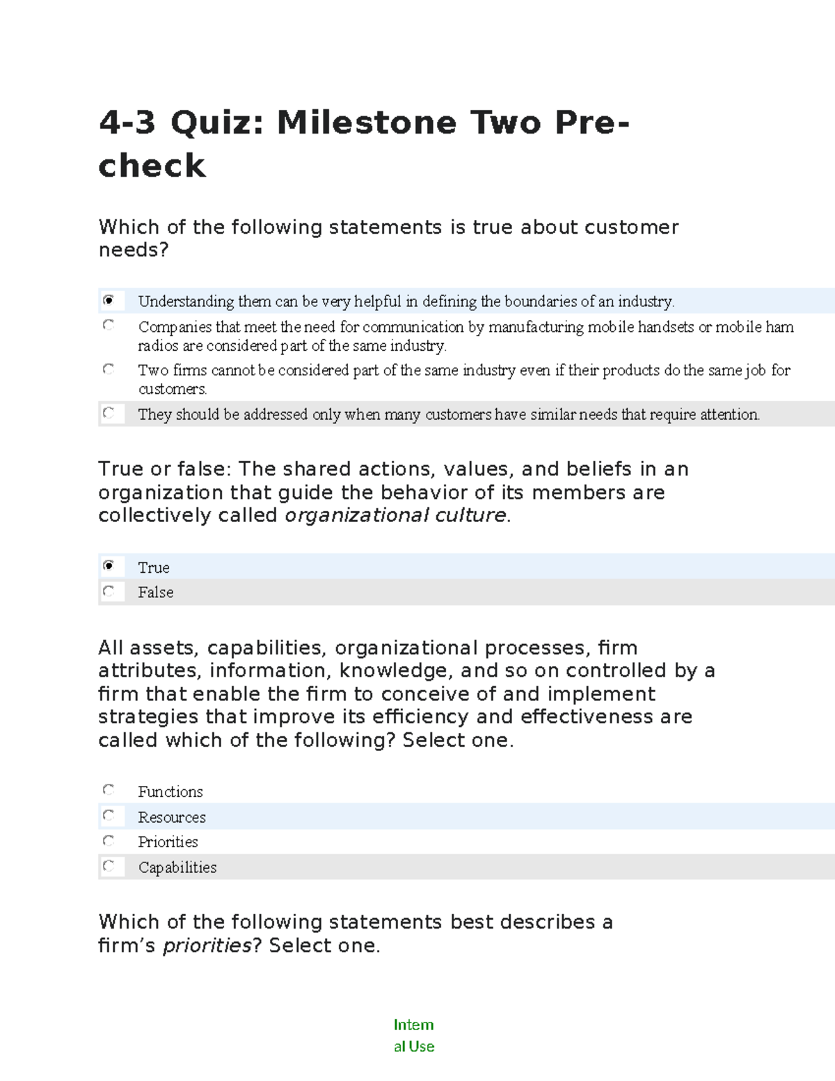 4.3 Quiz Milestone Two Pre-check - Intern al Use 4-3 Quiz: Milestone ...