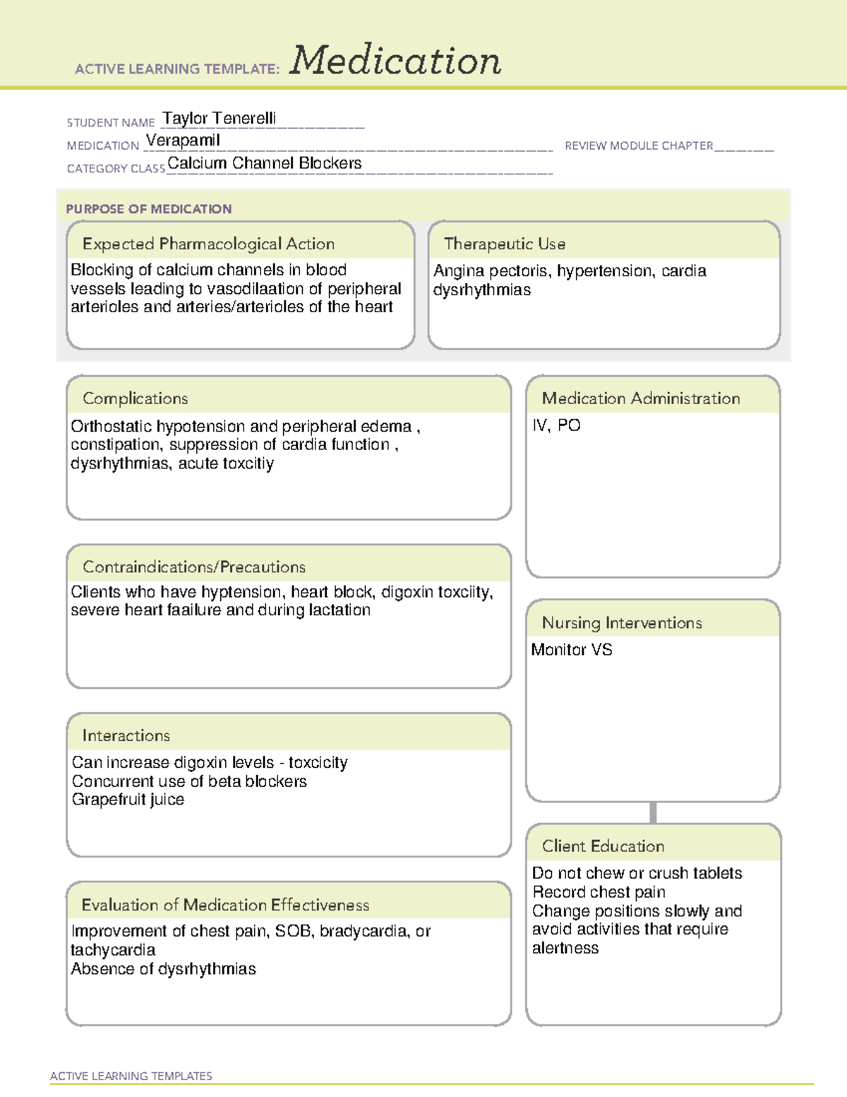 Verapamil - Med sheet - ACTIVE LEARNING TEMPLATES Medication STUDENT ...