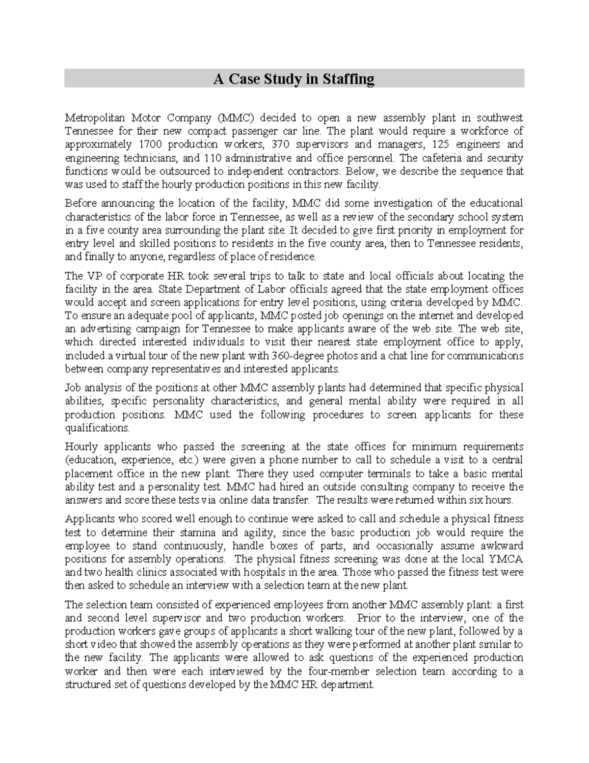 CASE Study - Staffing - A Case Study in Staffing Metropolitan Motor ...