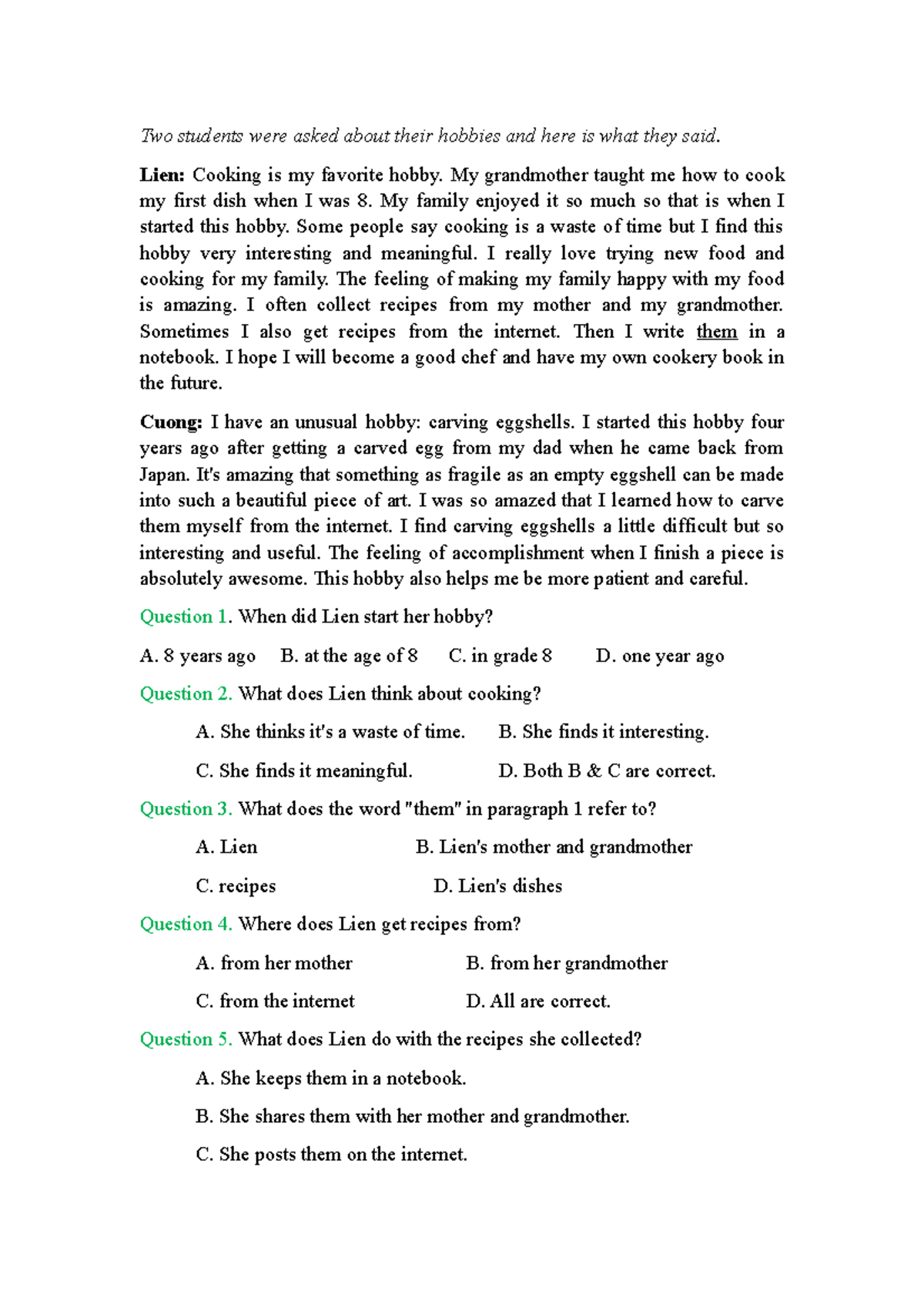 Paragraph - jdsolqoqoo - Two students were asked about their hobbies ...