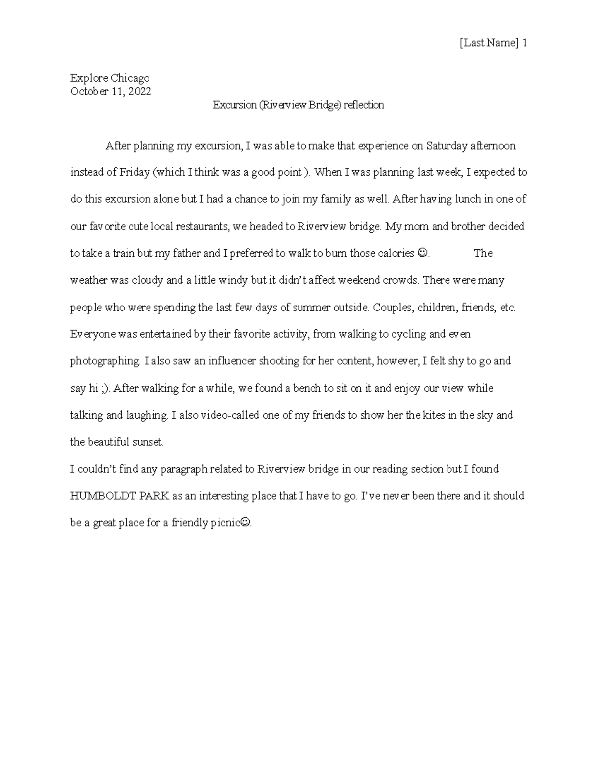 Riverview bridge excursion reflection - [Last Name] 1 Explore Chicago ...