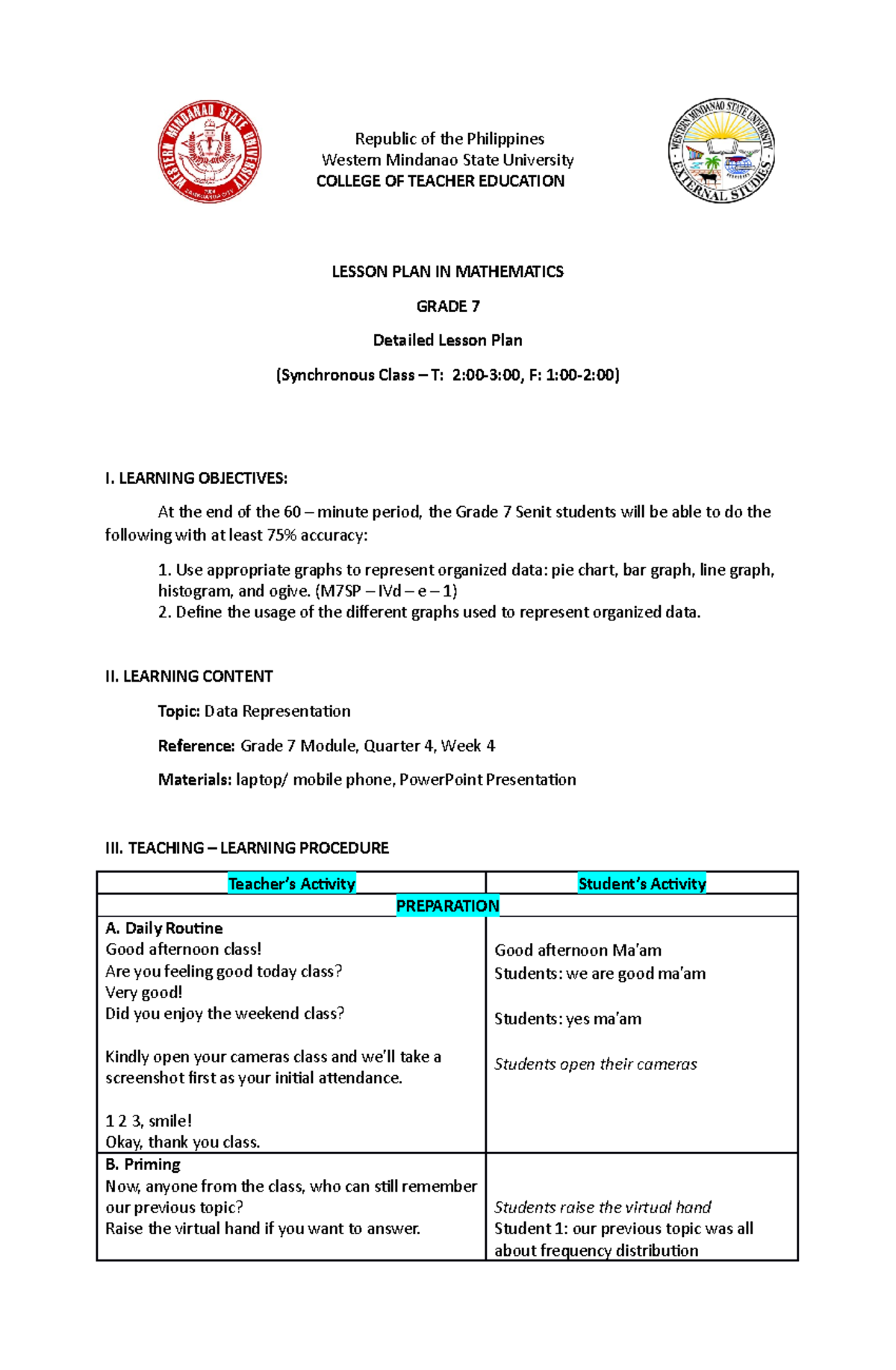 LP 5 This Lesson Plan Is About Data Representation Republic Of The