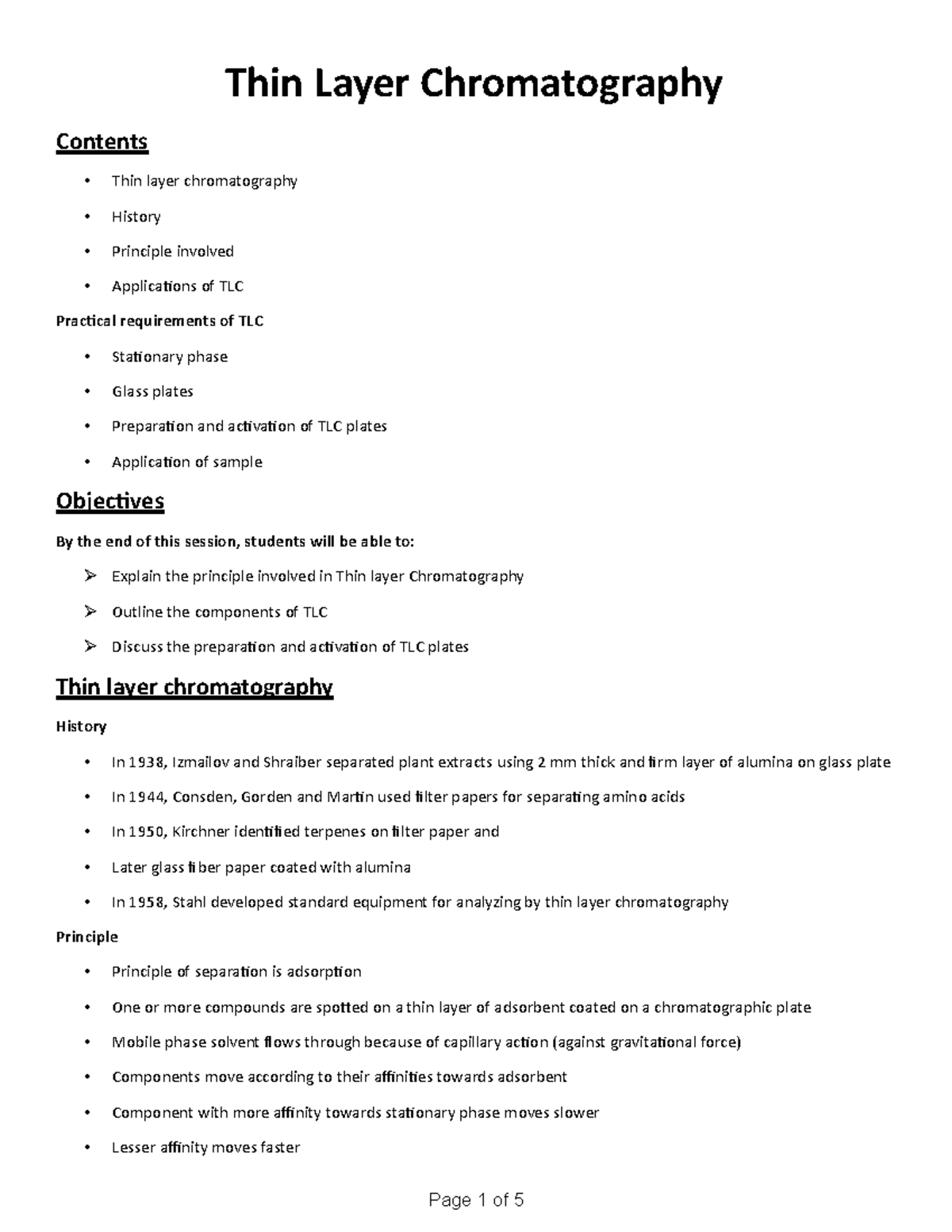 Chapter - 19 Thin Layer Chromatography - Page 1 of 5 Contents Thin Layer Chromatography • Thin ...