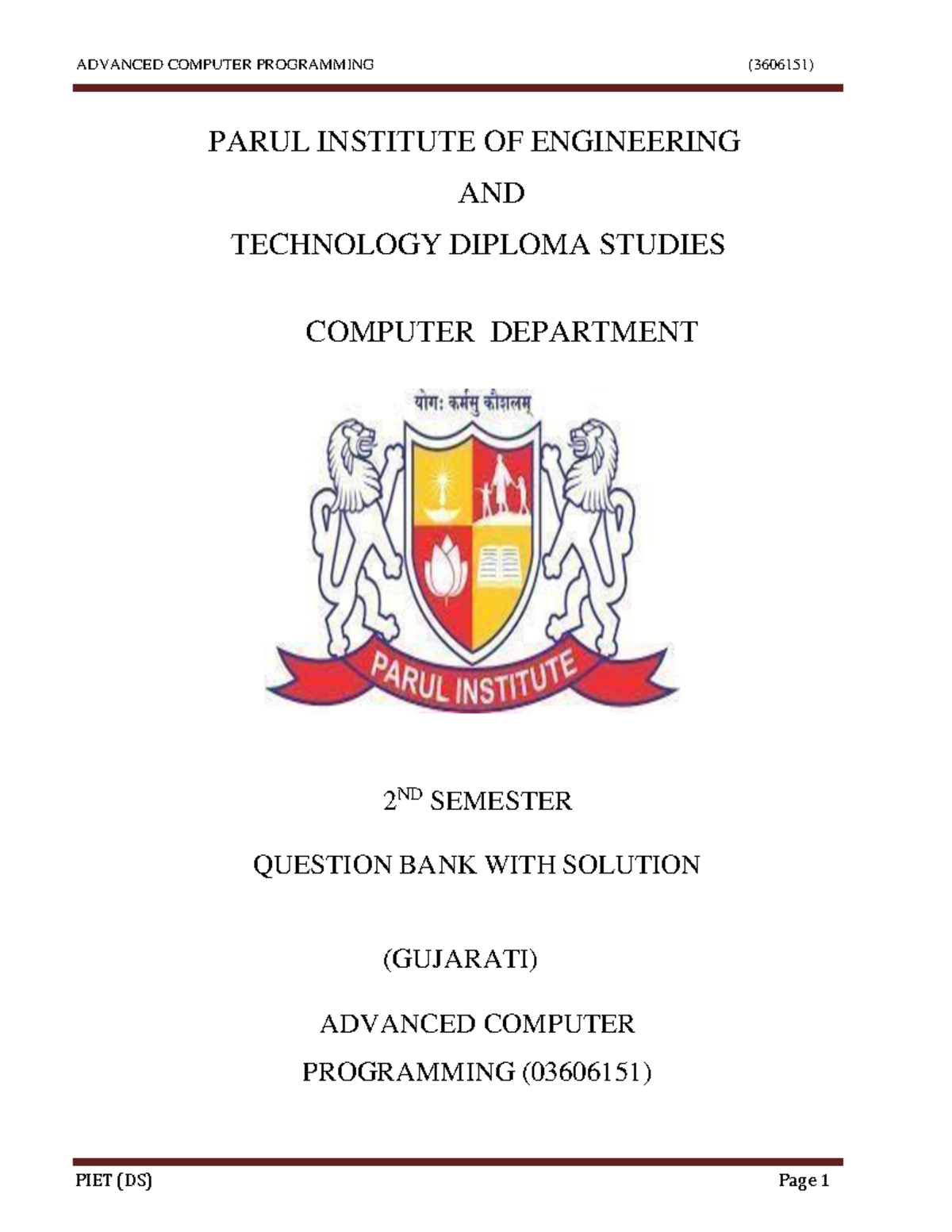 ACP G - 2nd sem ACP Question Bank Gujarati. - ADVANCED COMPUTER PROGRAMMING (3606151) PARUL ...