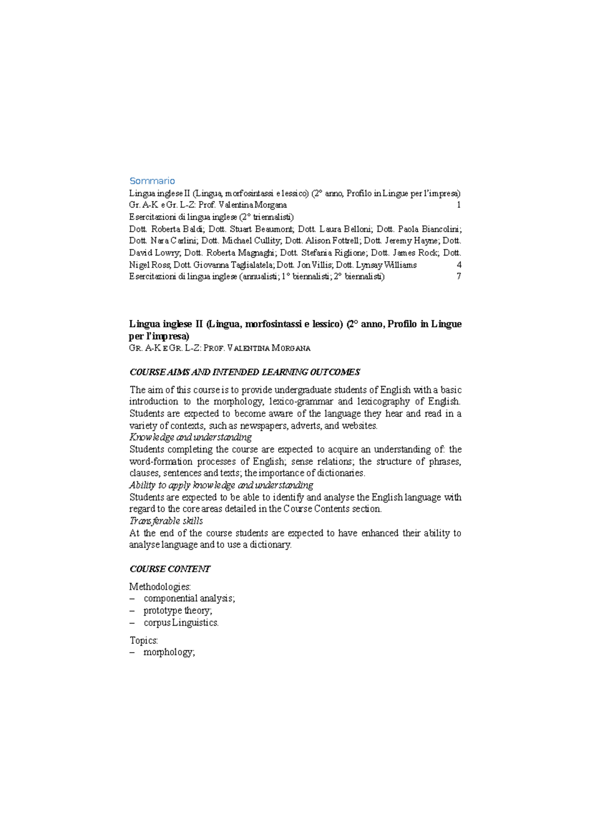 Lingua inglese 2 Lingua morfosintassi Morgana - Sommario Lingua inglese II (Lingua ...