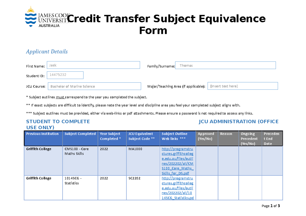 Credit Transfer Subject Equivalence Form v0 - MB2080:03 - JCU - Studocu
