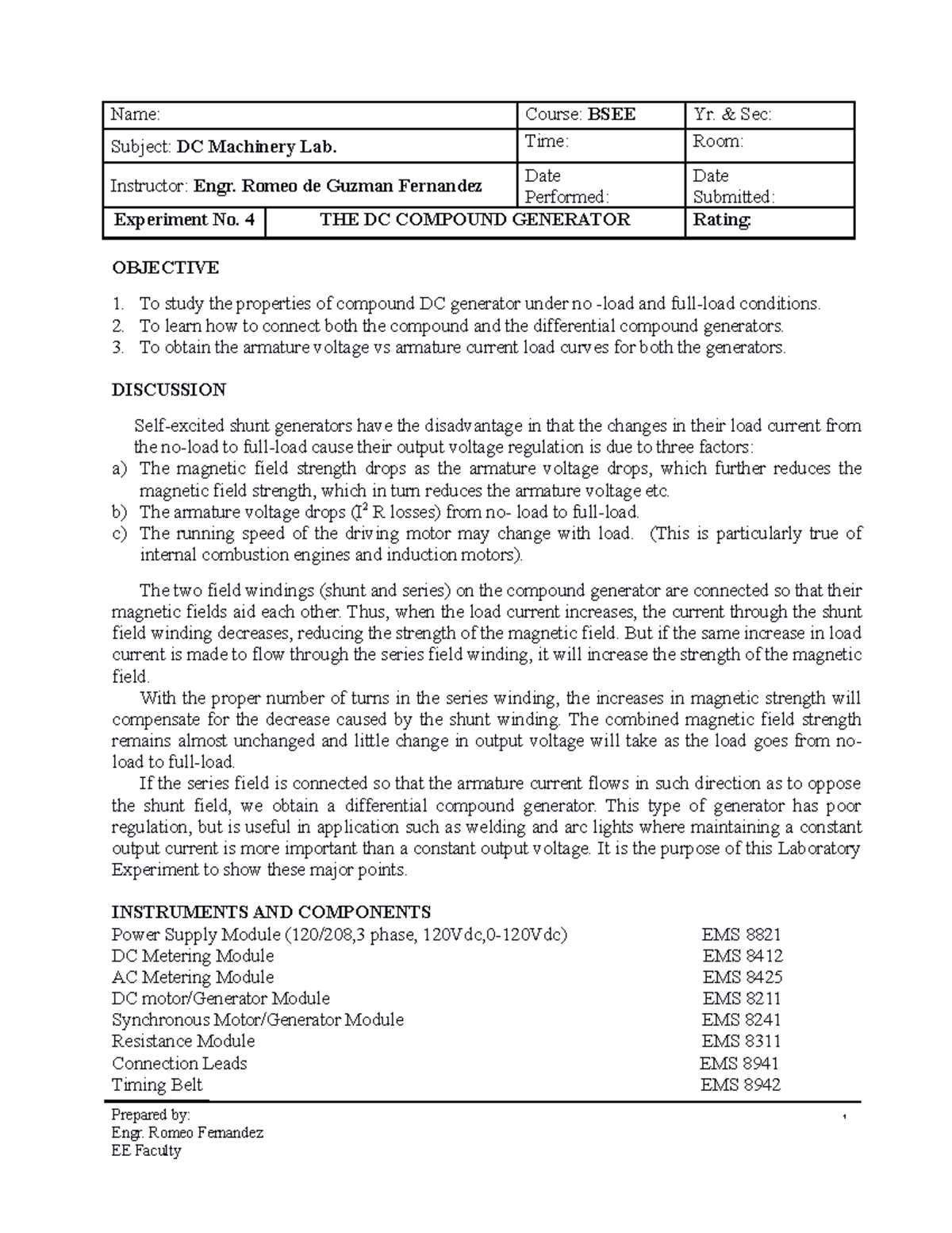 4 - THE DC Compound Generator - Name: Course: BSEE Yr. & Sec: Subject ...