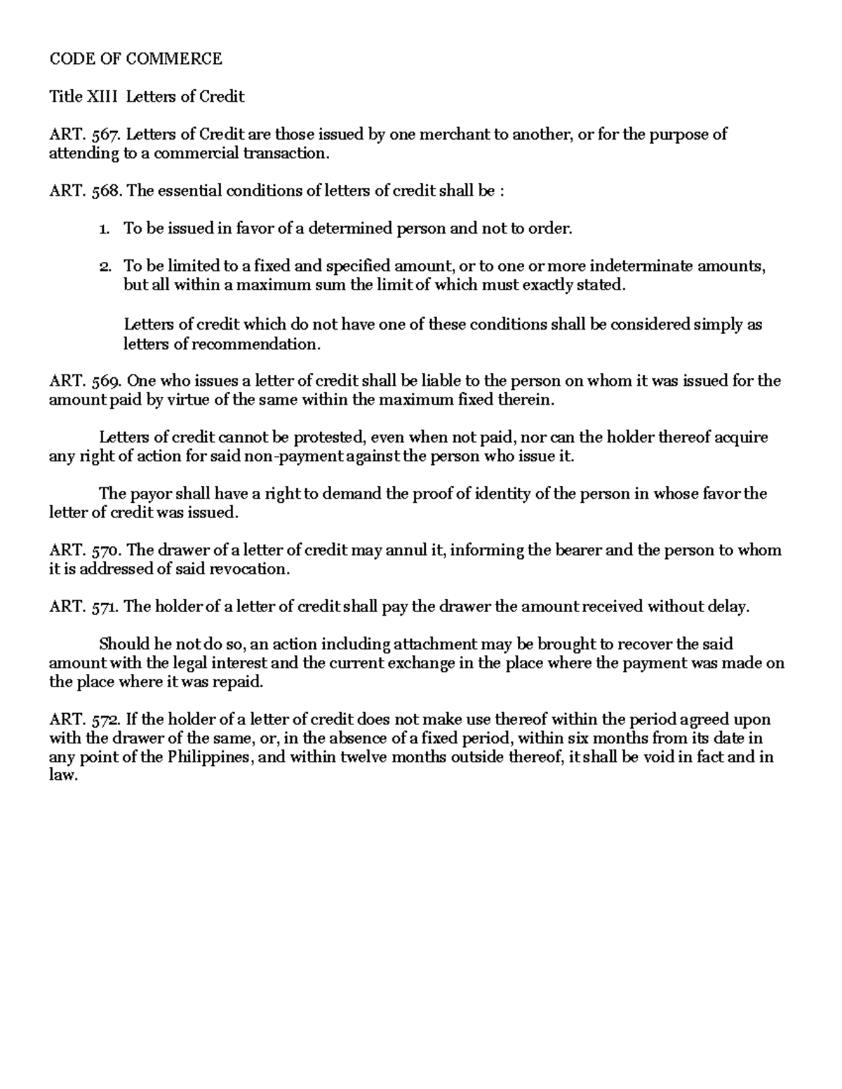 Code of Commerce - CODE OF COMMERCE Title XIII Letters of Credit ART ...