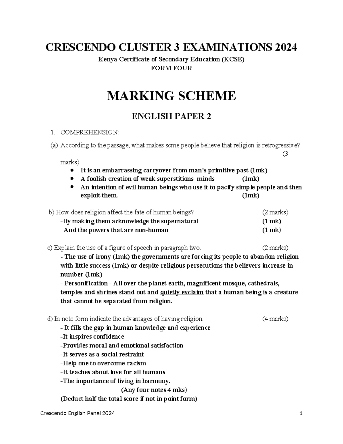 Eng paper 2 schemes - Good for revision purposes - CRESCENDO CLUSTER 3 EXAMINATIONS 2024 Kenya ...