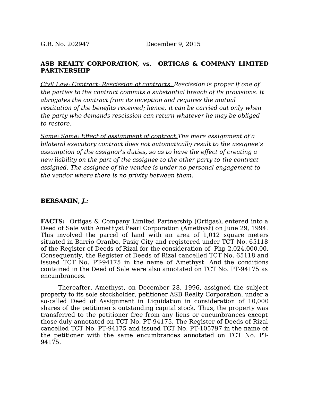 18- asb realty - Case Digest - G. G. No. No. 202947 202947 December ...