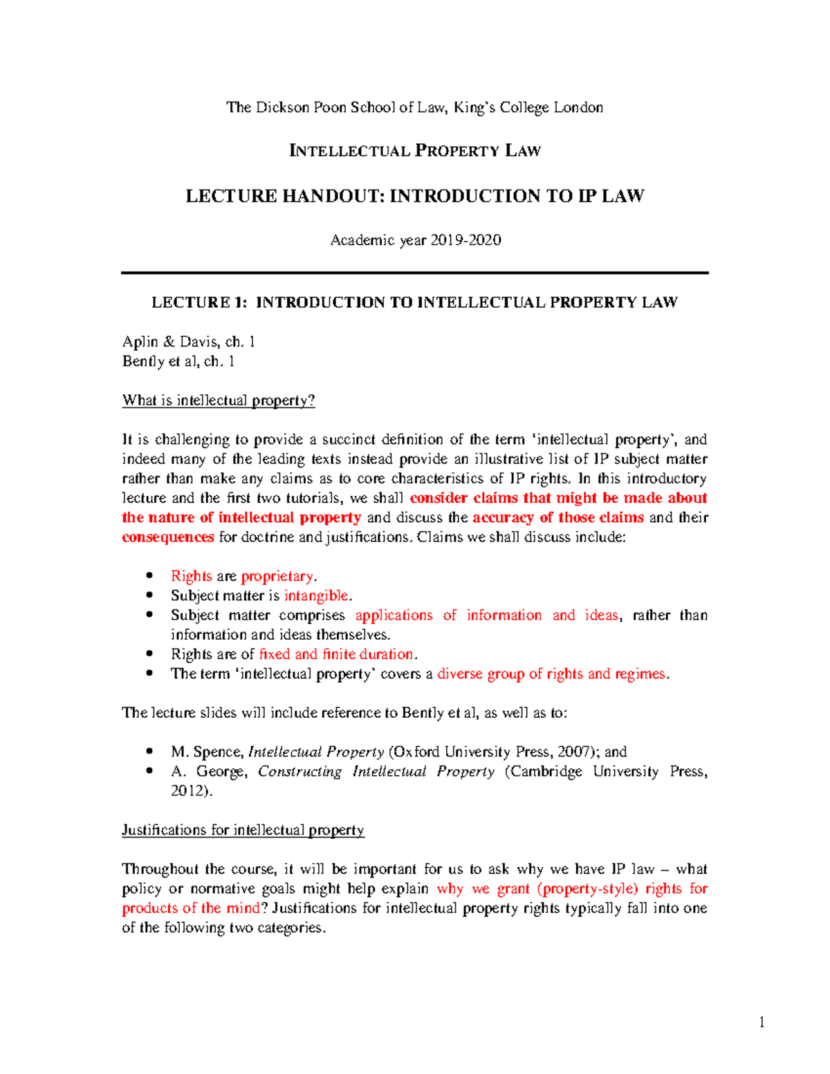 IPL Lecture handout 2019 20 Intro to IP - The Dickson Poon School of ...