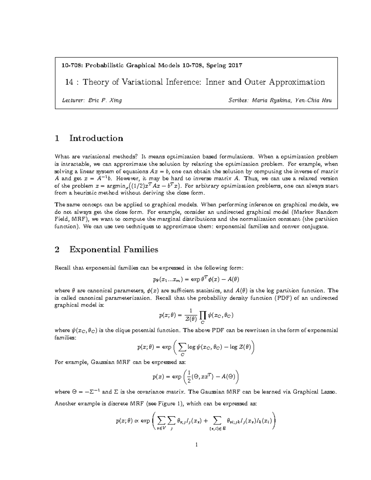 10708-scribe-lecture 14 - 10-708: Probabilistic Graphical Models 10-708 ...
