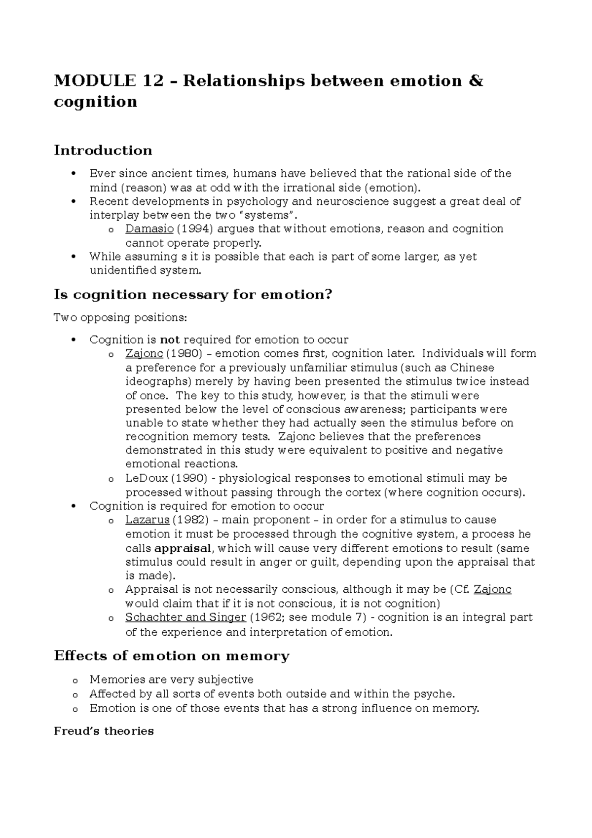 Lecture Notes Lecture 12 Relationships Between Emotion And Cognition