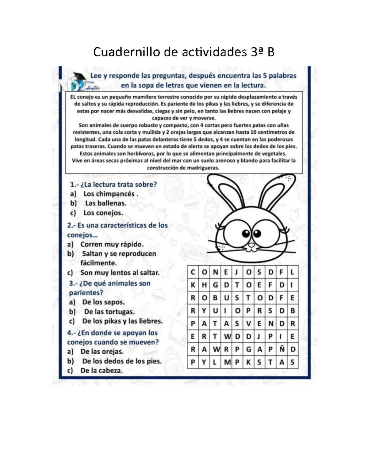 Cuadernillo de actividades 3ª B - EL conejo es un pequeño mamifero ...
