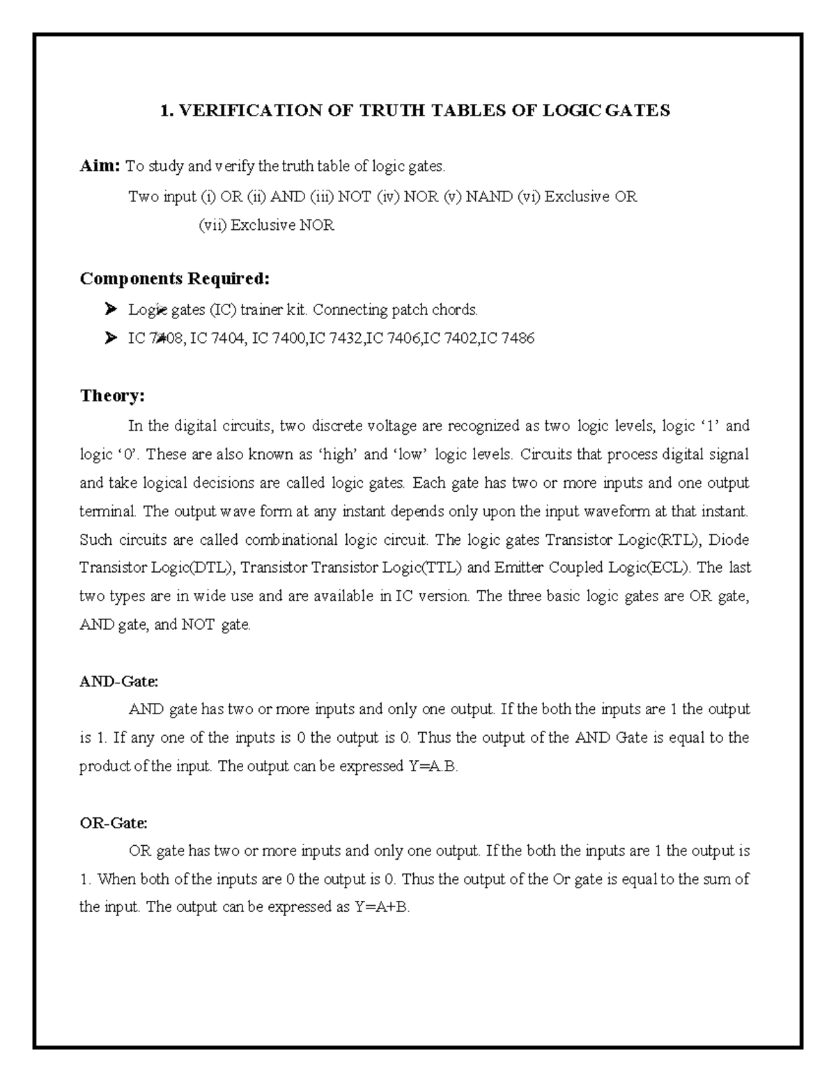 STLD LAB Manual R20 - VERIFICATION OF TRUTH TABLES OF LOGIC GATES Aim ...