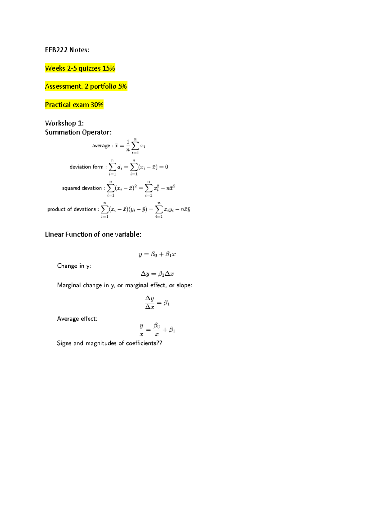 EFB222 notes, econometrics - EFB222 Notes: Weeks 2-5 quizzes 15% ...