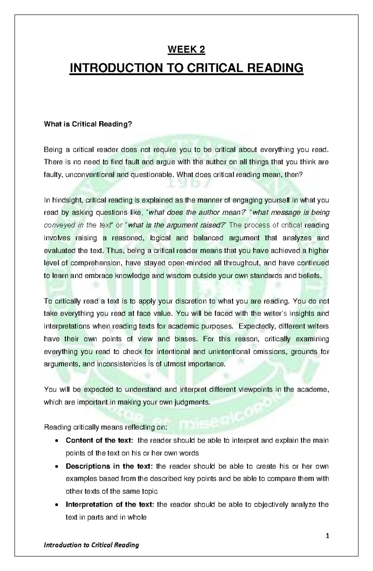 Week 2 - Introduction TO Critical Reading - 1 WEEK 2 INTRODUCTION TO ...
