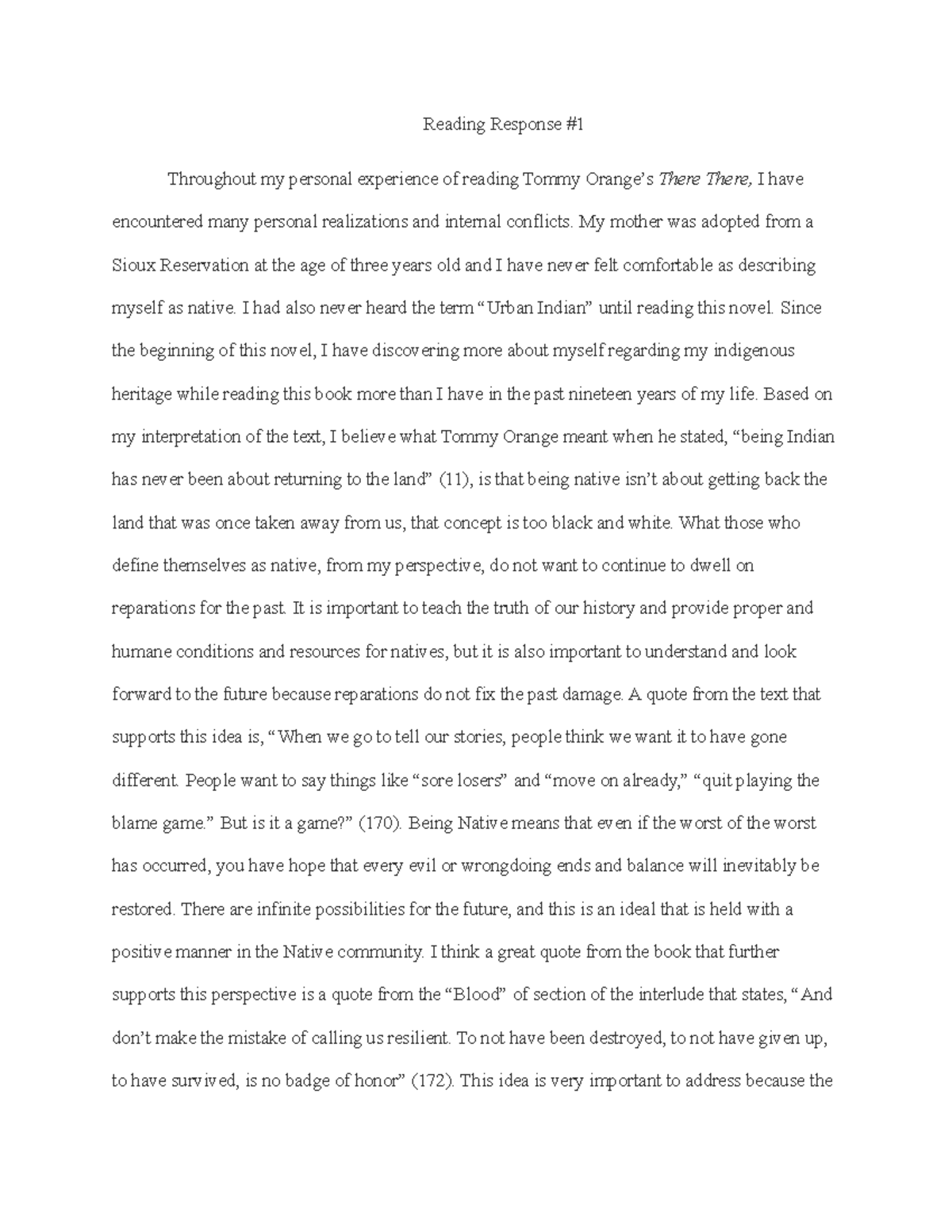 ENGL 2550 Reading Response #1 - Reading Response # Throughout my ...