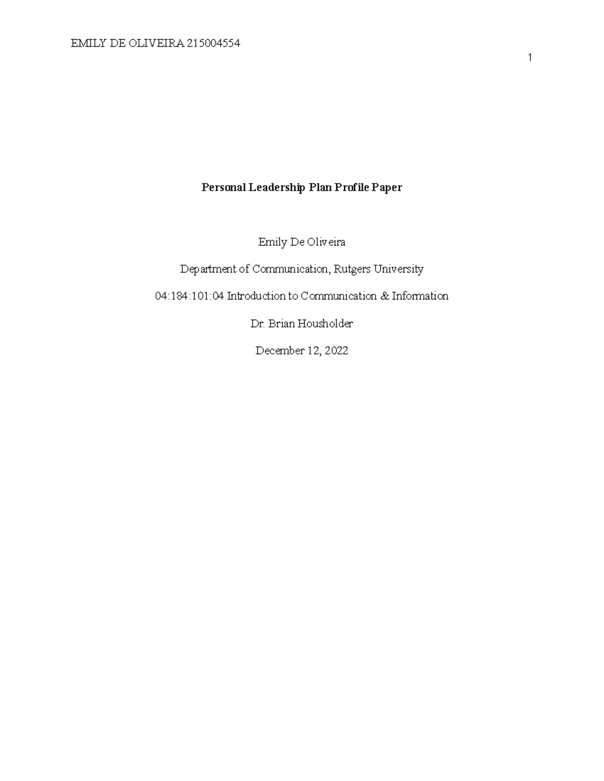 Personal Leadership Plan Profile Paper - Brian Housholder December 12 ...