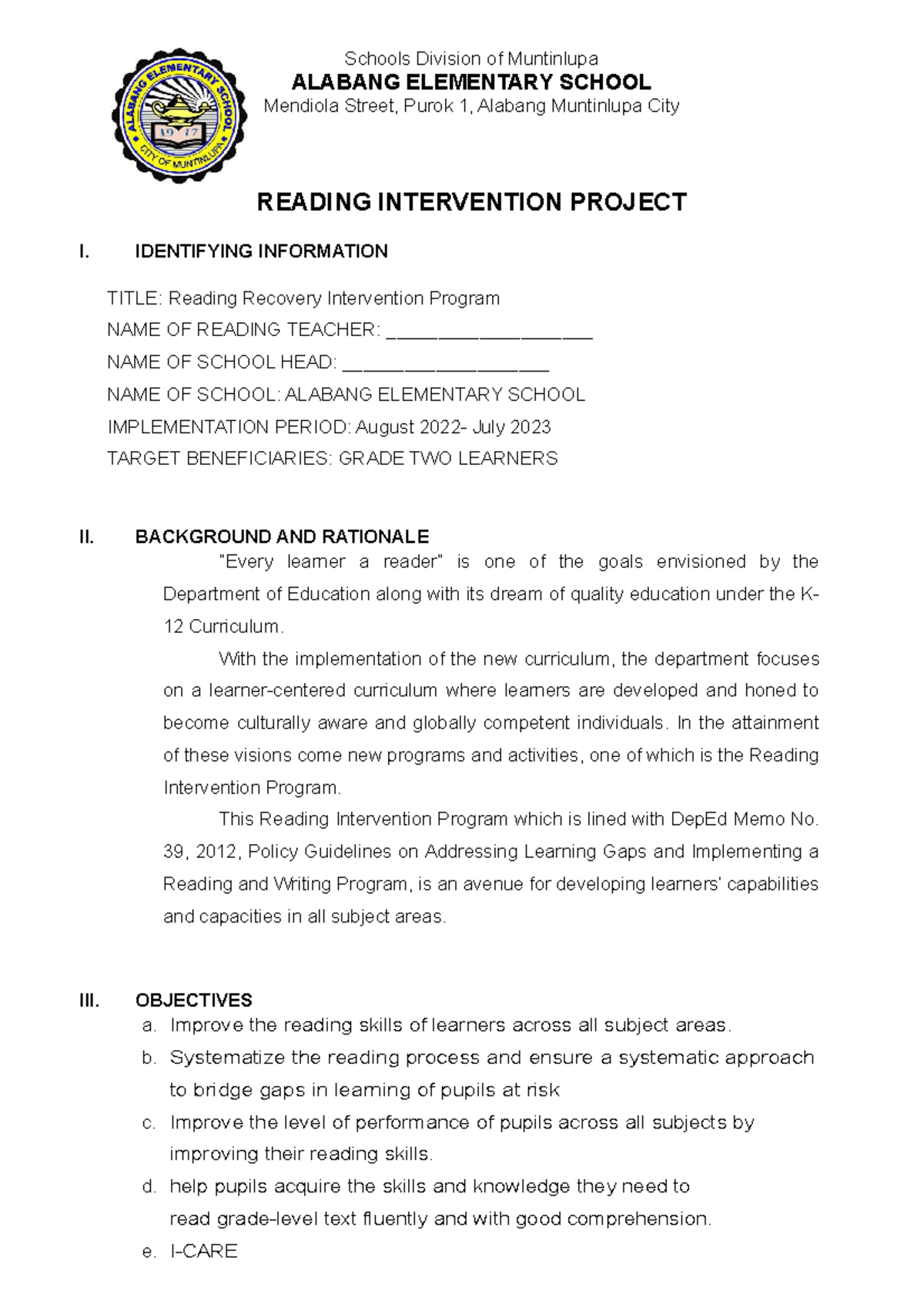 Reading Intervention Project-Proposal and Implementation PLAN - Schools ...