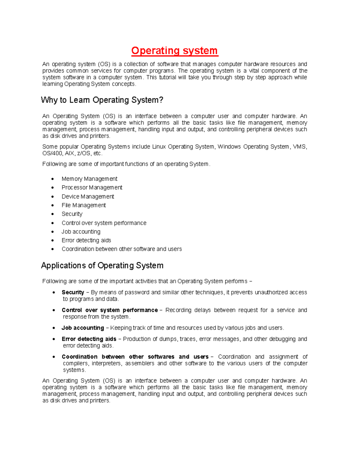 Os1-overview - operating system overview - Operating system An ...