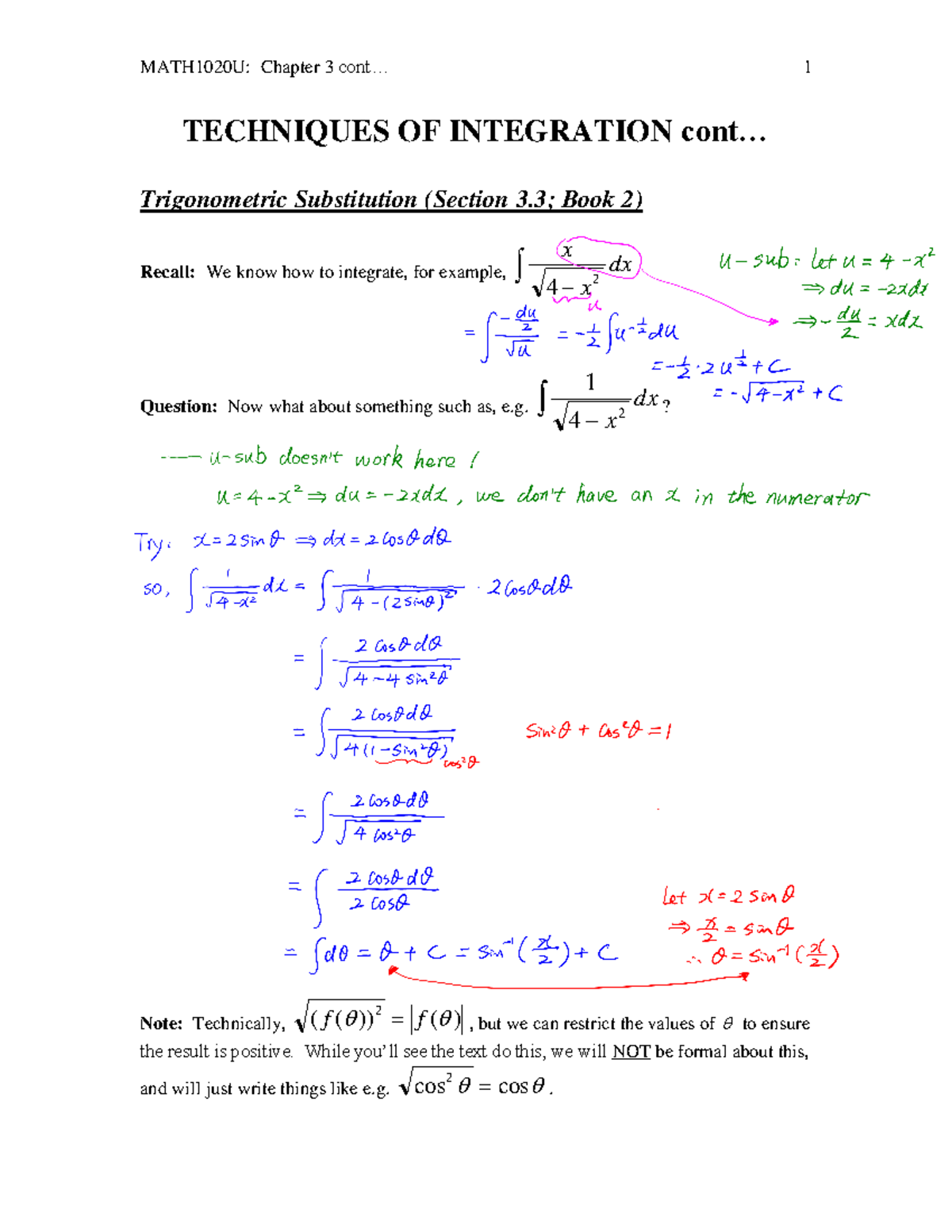 Lec3-Trigsub - Lecture 3 Ruth Li - TECHNIQUES OF INTEGRATION cont... Trigonometric Substitution ...