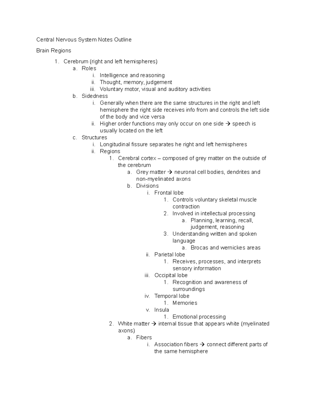 Central Nervous System Notes Outline - Roles i. Intelligence and ...