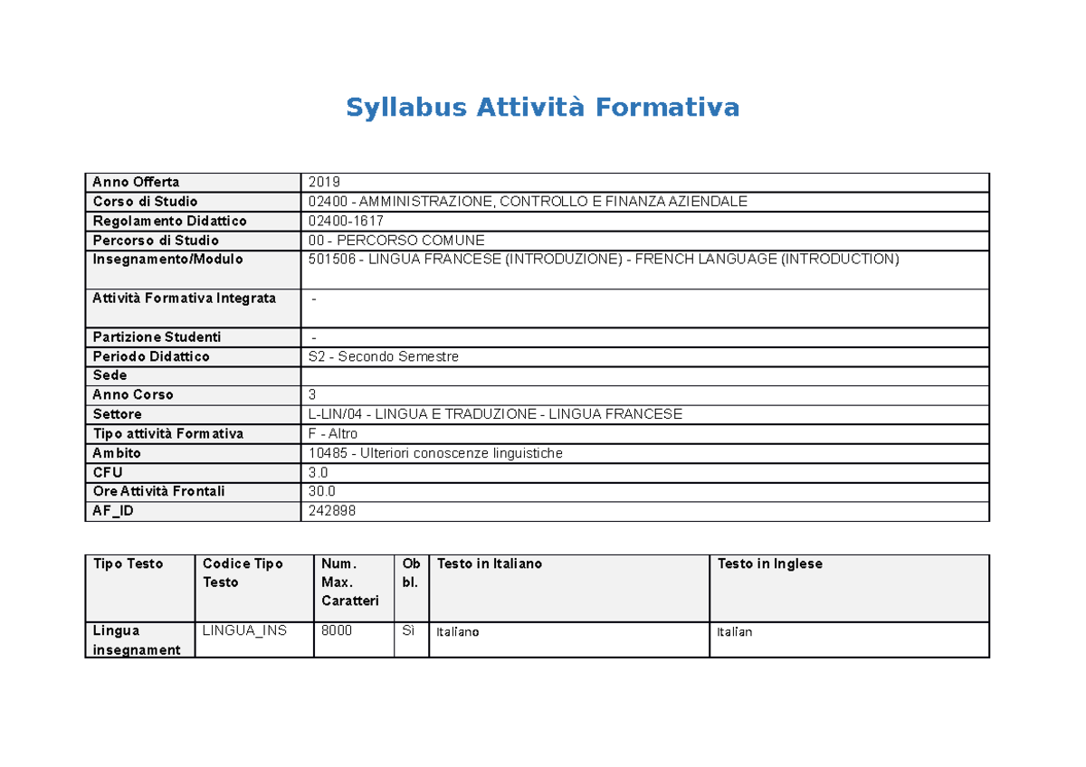 Syllabus Francese Introduzione - Syllabus Attività Formativa Anno ...