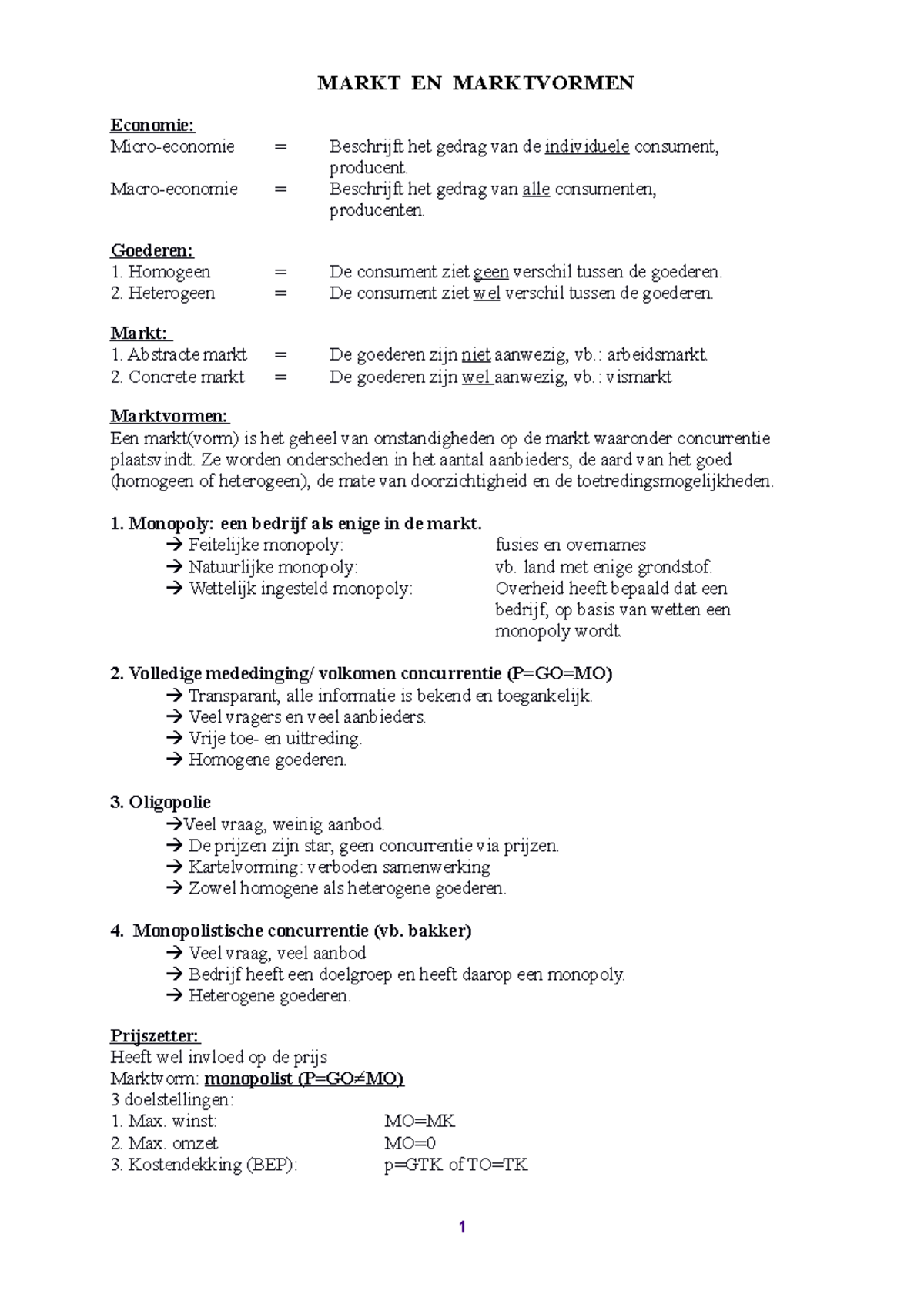 Markt en Marktvormen - MARKT EN MARKTVORMEN Economie: Micro-economie ...