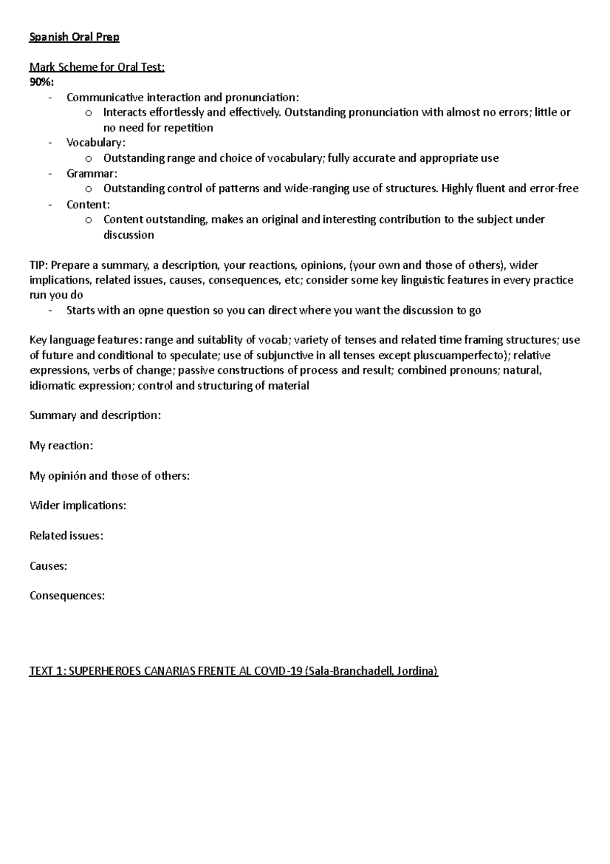 Spanish Oral Prep - Spanish Oral Prep Mark Scheme for Oral Test: 90% ...