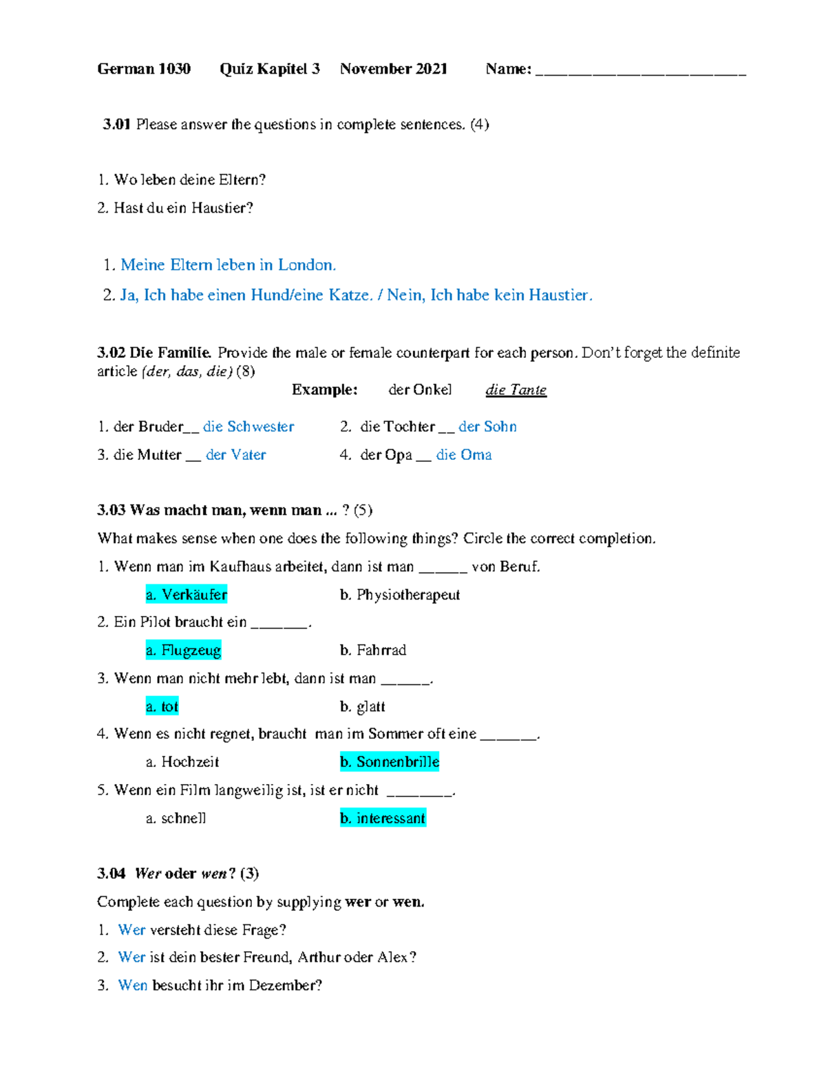 Quiz 3 Answers for German quiz - German 1030 - UWO - Studocu