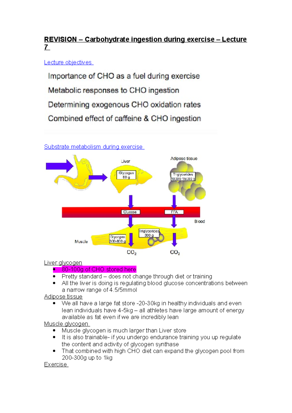Revision – Lecture 7 carbohydrate - REVISION Carbohydrate ingestion ...