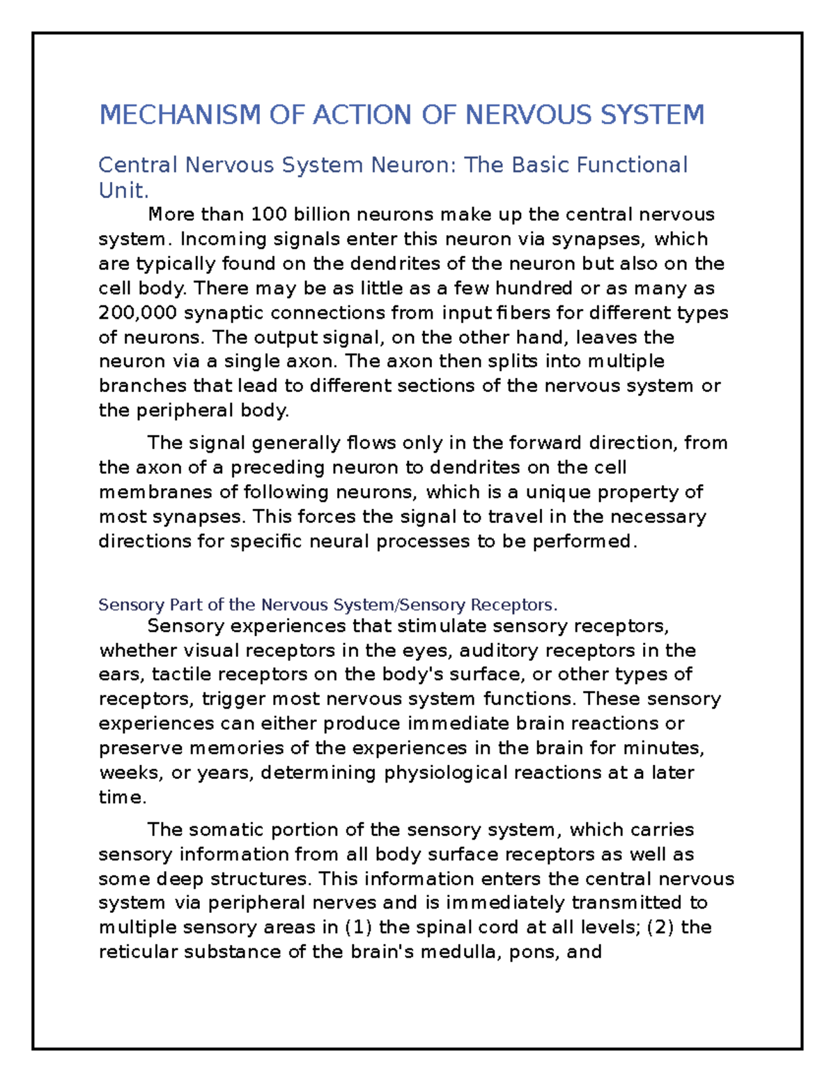 Detail NOTE ON THE Mechanism OF Action OF Nervous System - MECHANISM OF ...