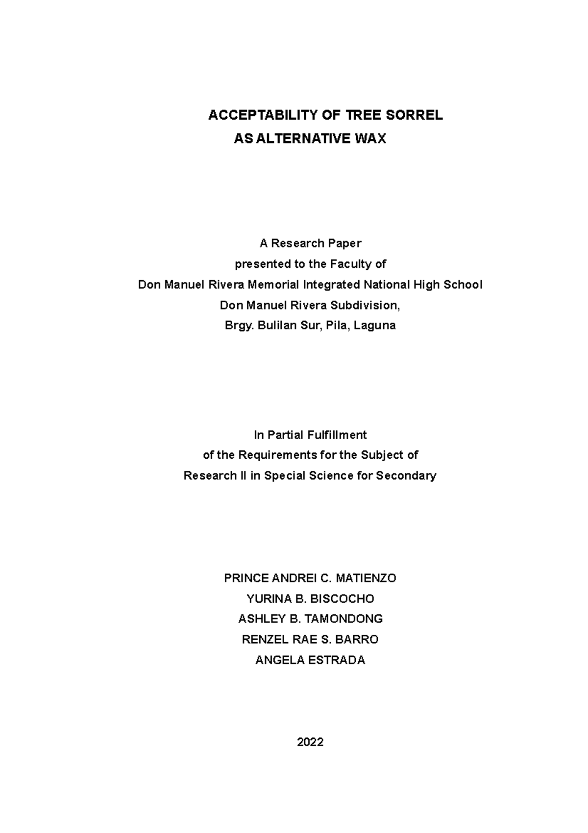 Acceptability of Tree Sorrel Averrhoa Bilimbi as Alternative wax ...