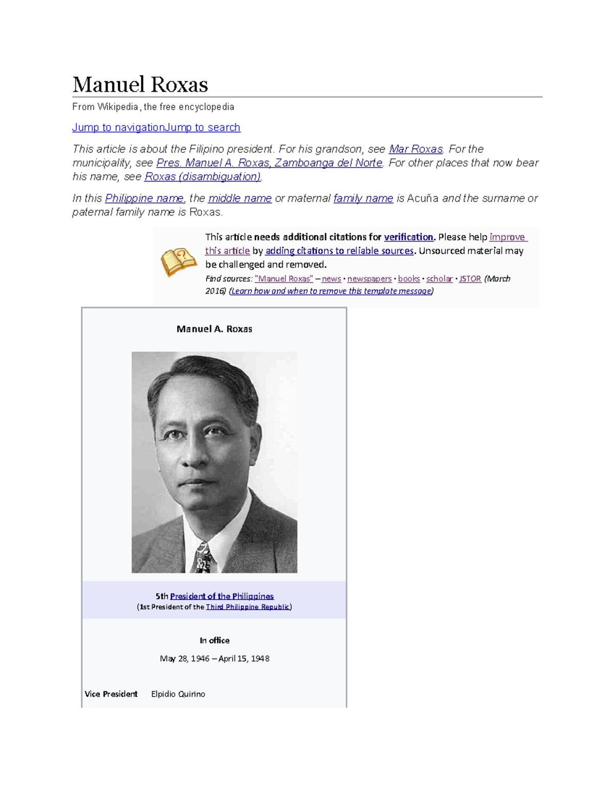 Manuel Roxas This Is Helpful Manuel Roxas From Wikipedia The Free