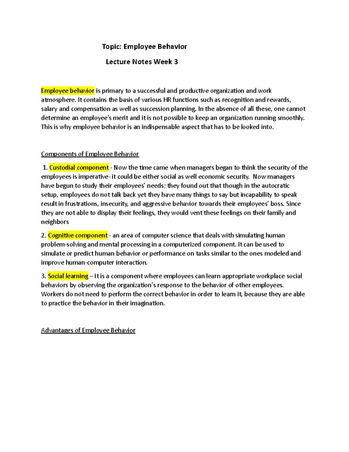 Employee Behavior 2 - Topic: Employee Behavior Lecture Notes Week 3 ...
