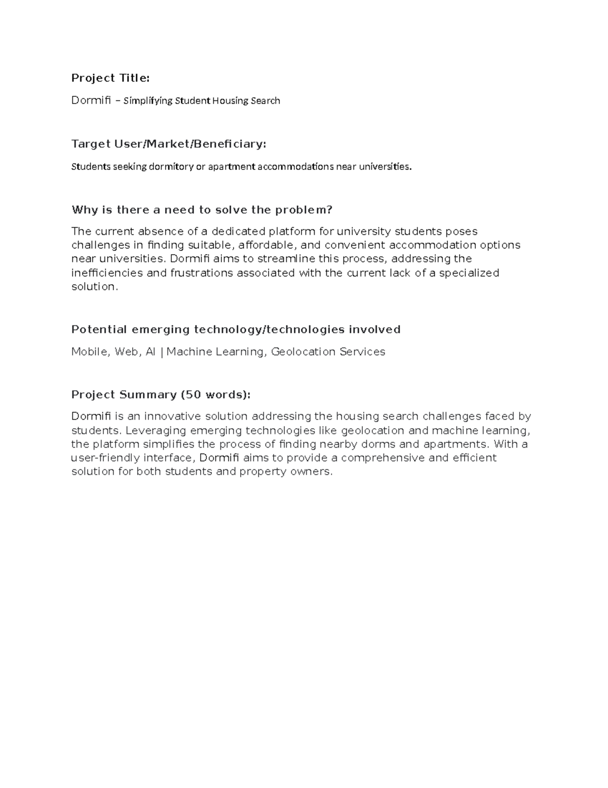 Project Proposal - Dormifi – Simplifying Student Housing Search Target User/Market/Beneficiary ...