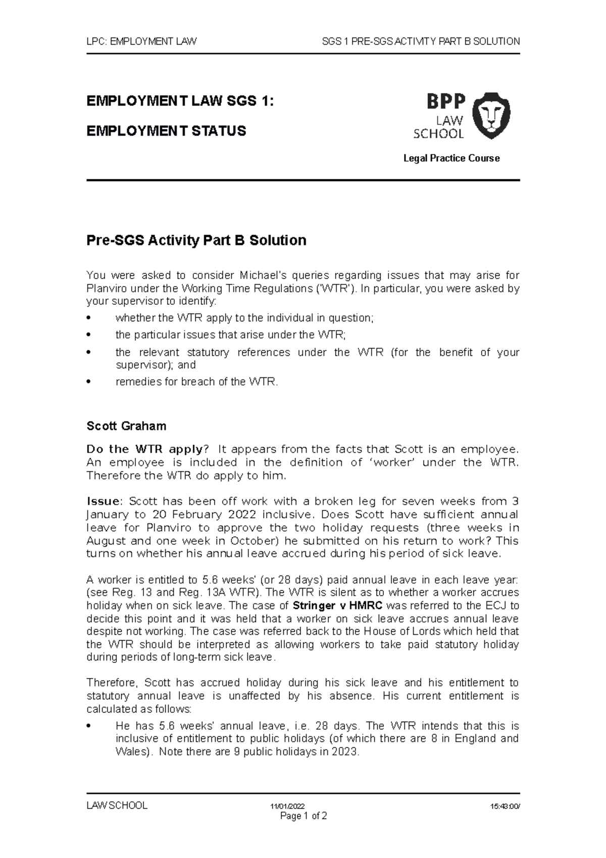 EL SGS 1 Pre SGS Activity solution 22-23 - LPC: EMPLOYMENT LAW SGS 1 PRE-SGS ACTIVITY PART B ...