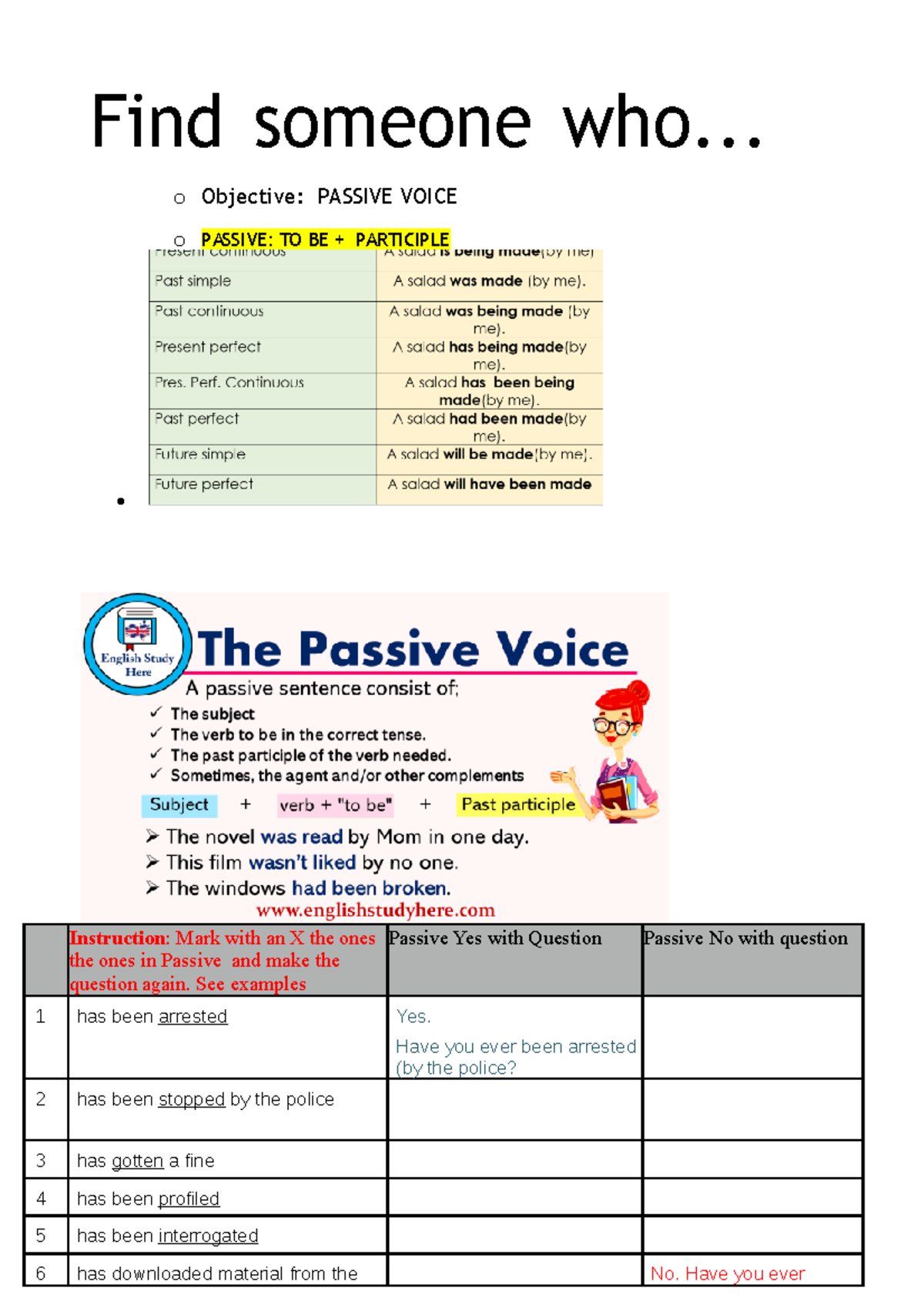 FIND+ Someone+WHO+ Passive+ Voice+ Exercise - Find someone who... o ...