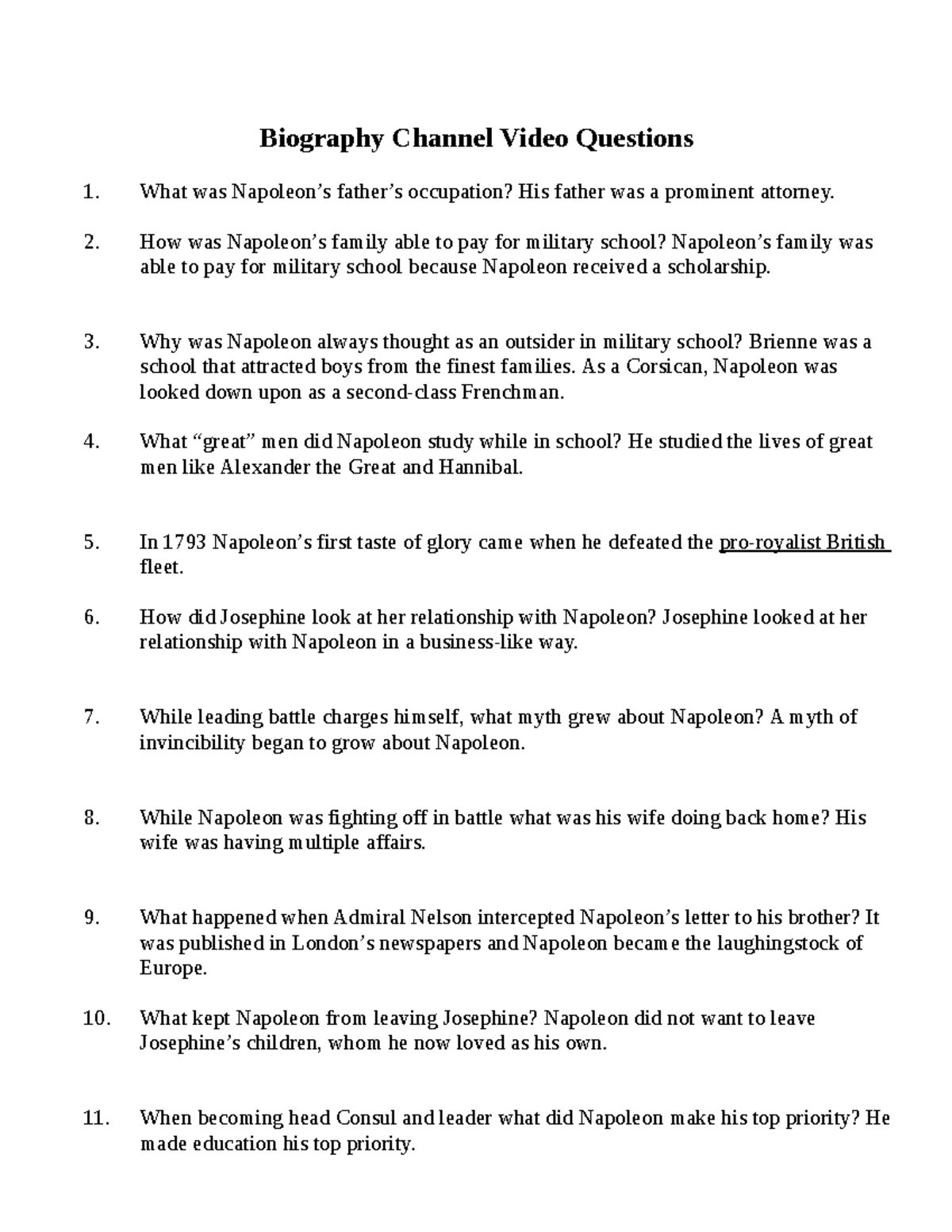 Napoleon Bonaparte Biography Channel Video Questions 2 - Biography ...