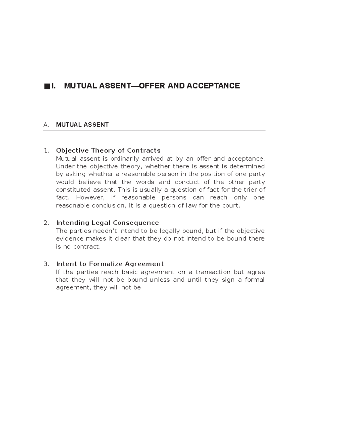 Outline - I. MUTUAL ASSENT—OFFER AND ACCEPTANCE A. MUTUAL ASSENT ...
