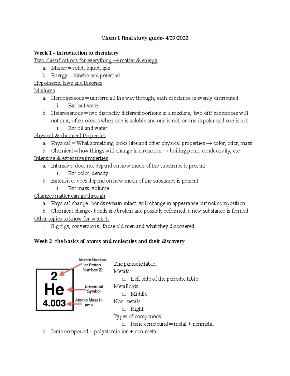 Chem final study guide pt 1 - Chem 1 final study guide- 4/29/ Week 1 - introduction to chemistry ...