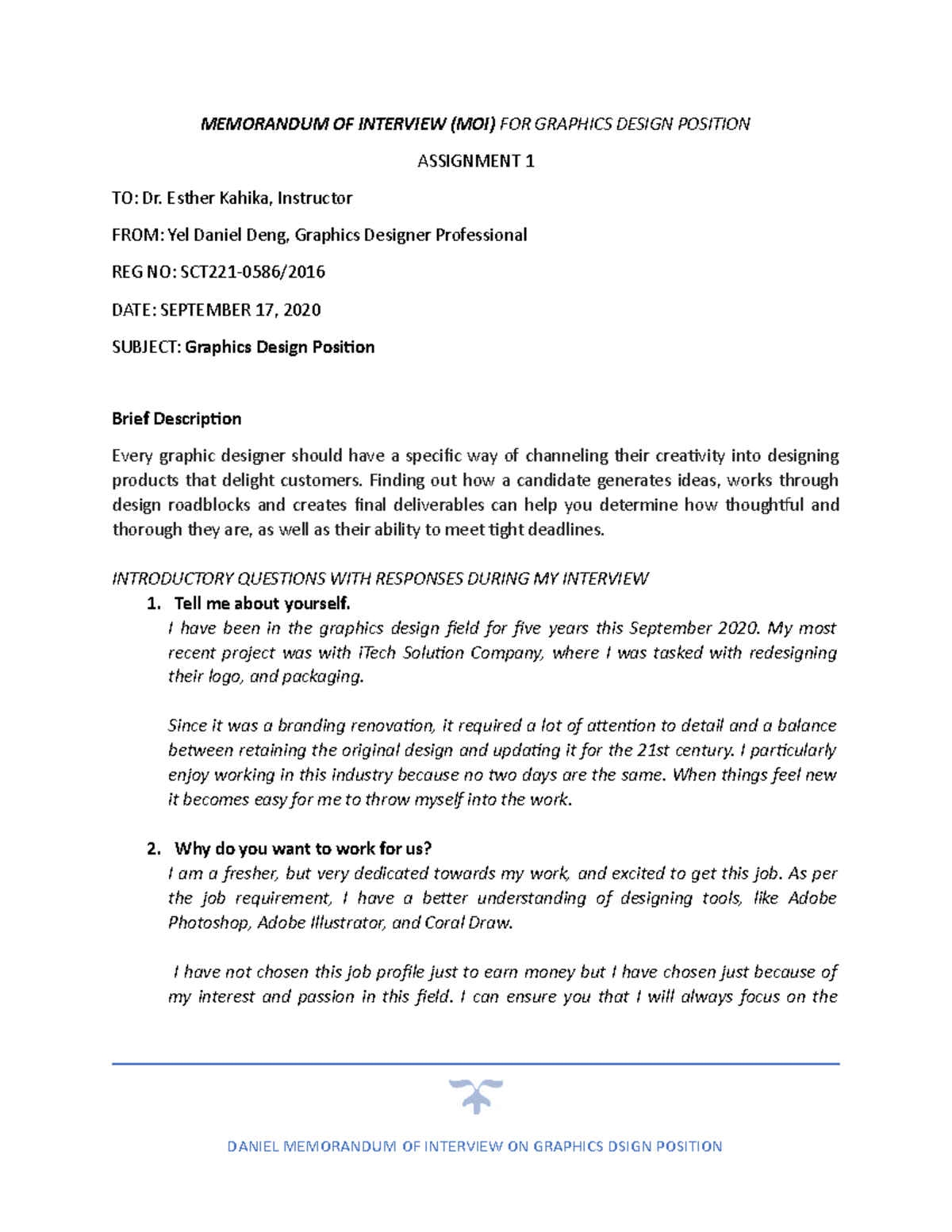 Principles OF Marketing Assignment - MEMORANDUM OF INTERVIEW (MOI) FOR ...
