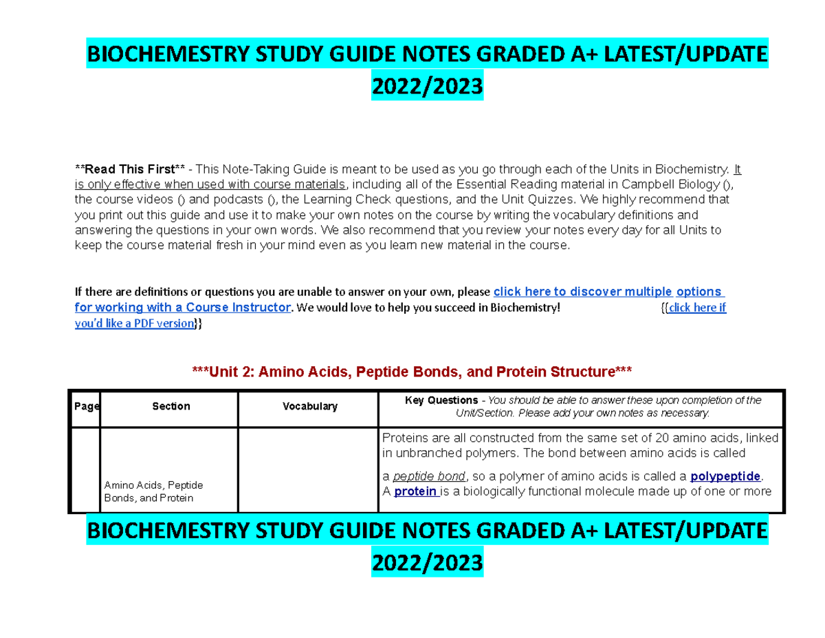 Biochemistry Note Taking Guide - BIOCHEMESTRY STUDY GUIDE NOTES GRADED ...