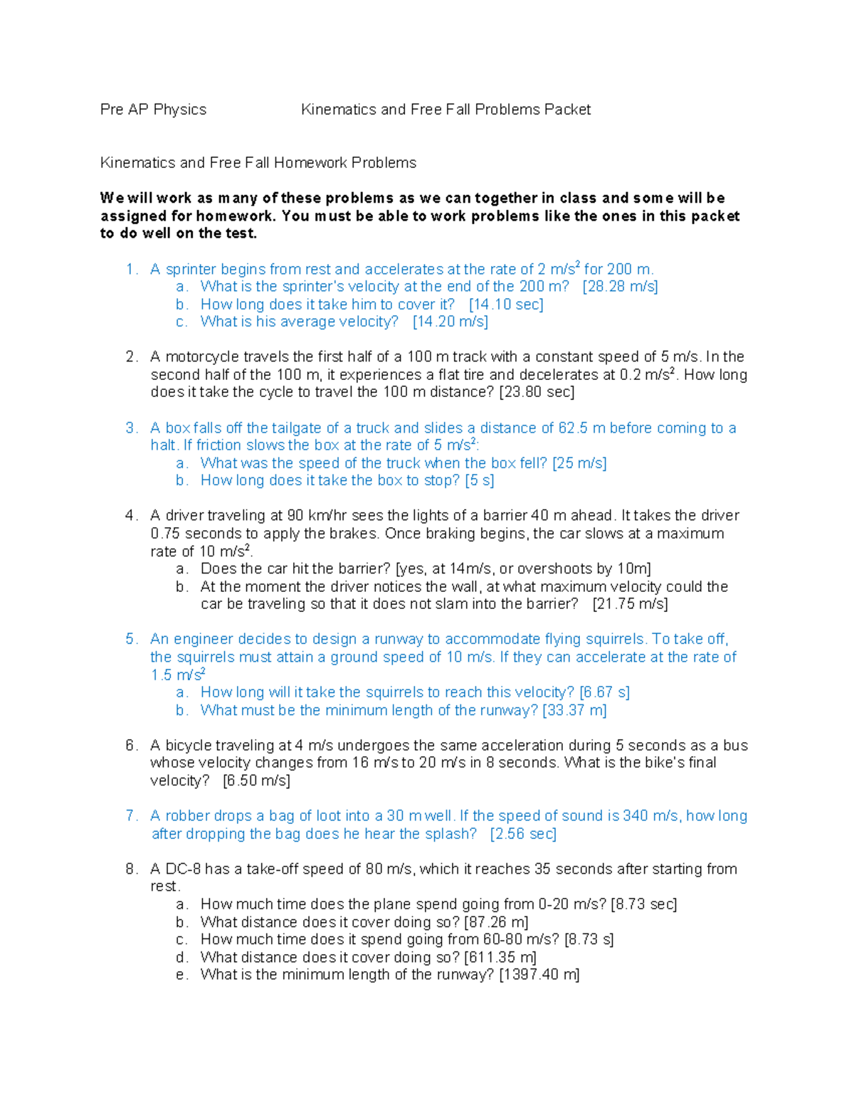 PAP Kinematics Homework Problem Packet 1-20 - Pre AP Physics Kinematics ...