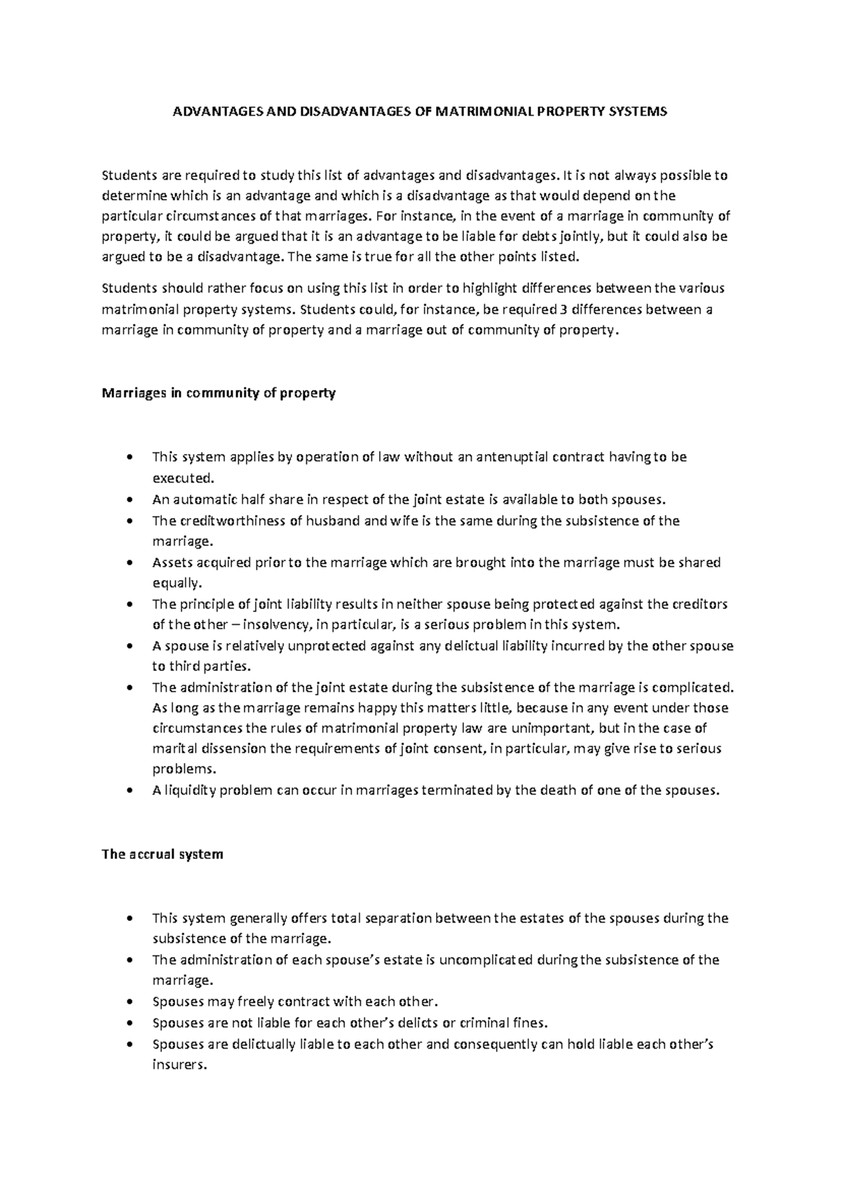 Advantages AND Disadvantages OF Matrimonial Property Systems ...