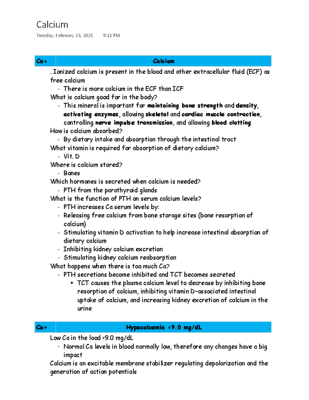 Electrolytes - Calcium Summary - Calcium Tuesday, February 23, 2021 9: ...