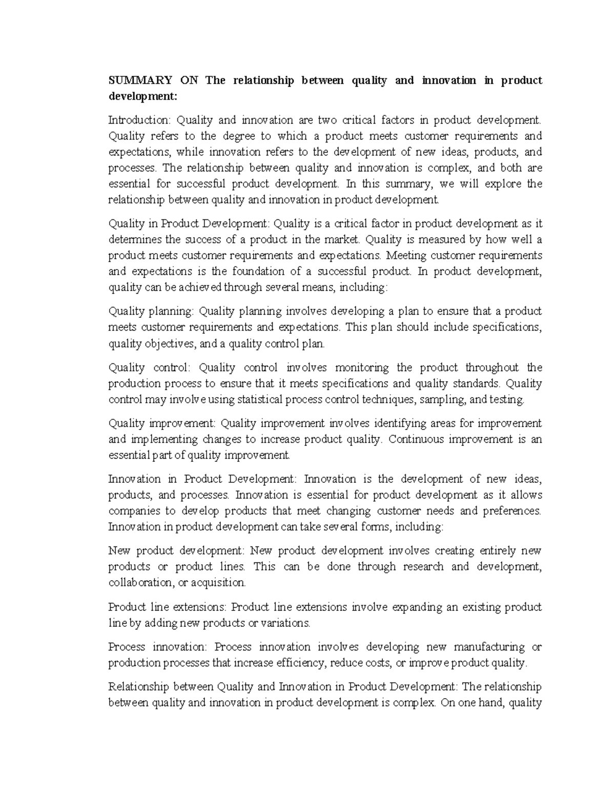 Summary on The relationship between quality and innovation in product ...