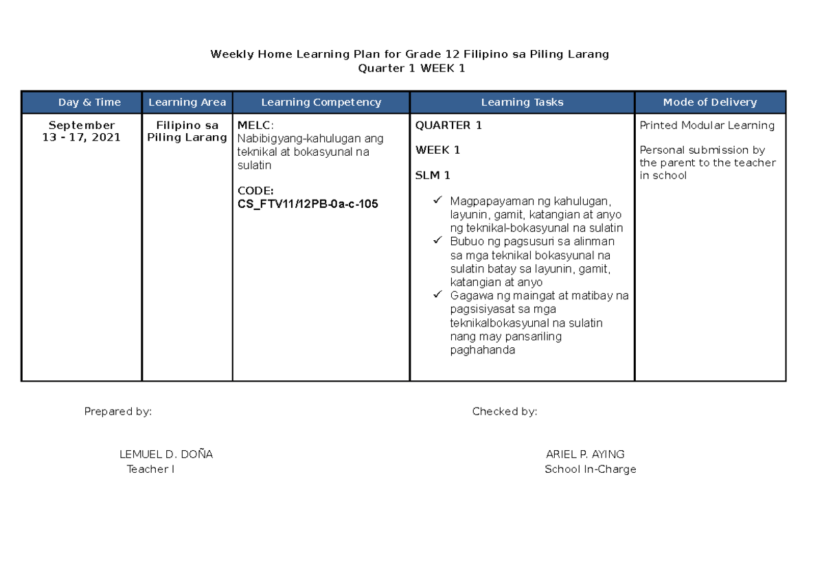 Quarter 1 - Week 1 - Individual workweek plan for teachers during ...